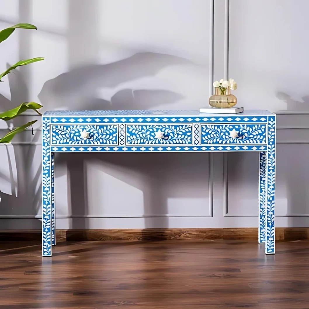 Hand Made Bone Inlay Blue Console Table with 3-Drawers