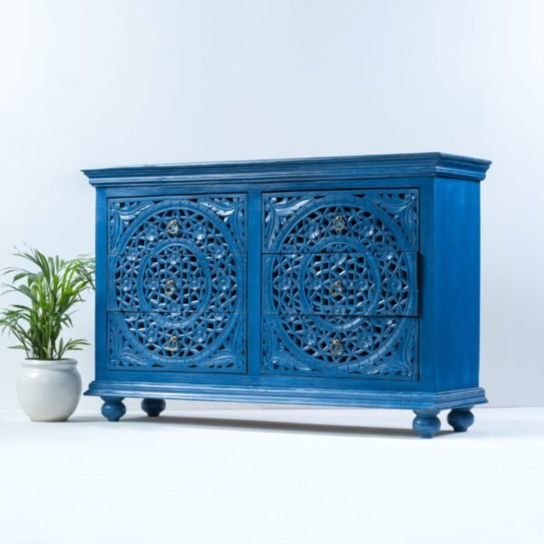 WoodBee Crafts Hand-Carved Blue 6 Drawer Chest - Best Solid Wooden ...